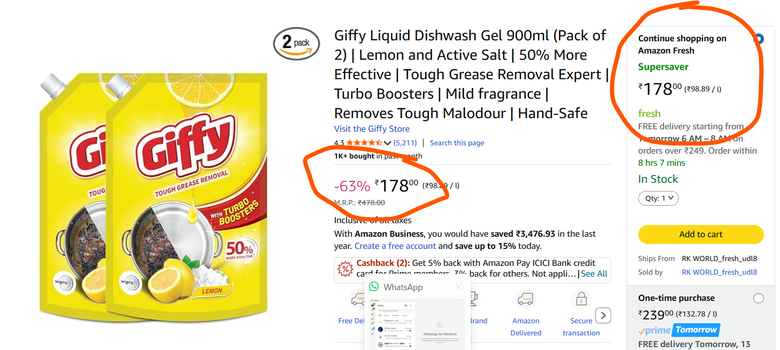 Giffy Liquid Dishwash Gel 900ml (Pack of 2) | Lemon and Active Salt ...