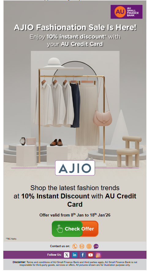 AU Credit Card + AJIO = 10% on Minimum 3000 order | DesiDime