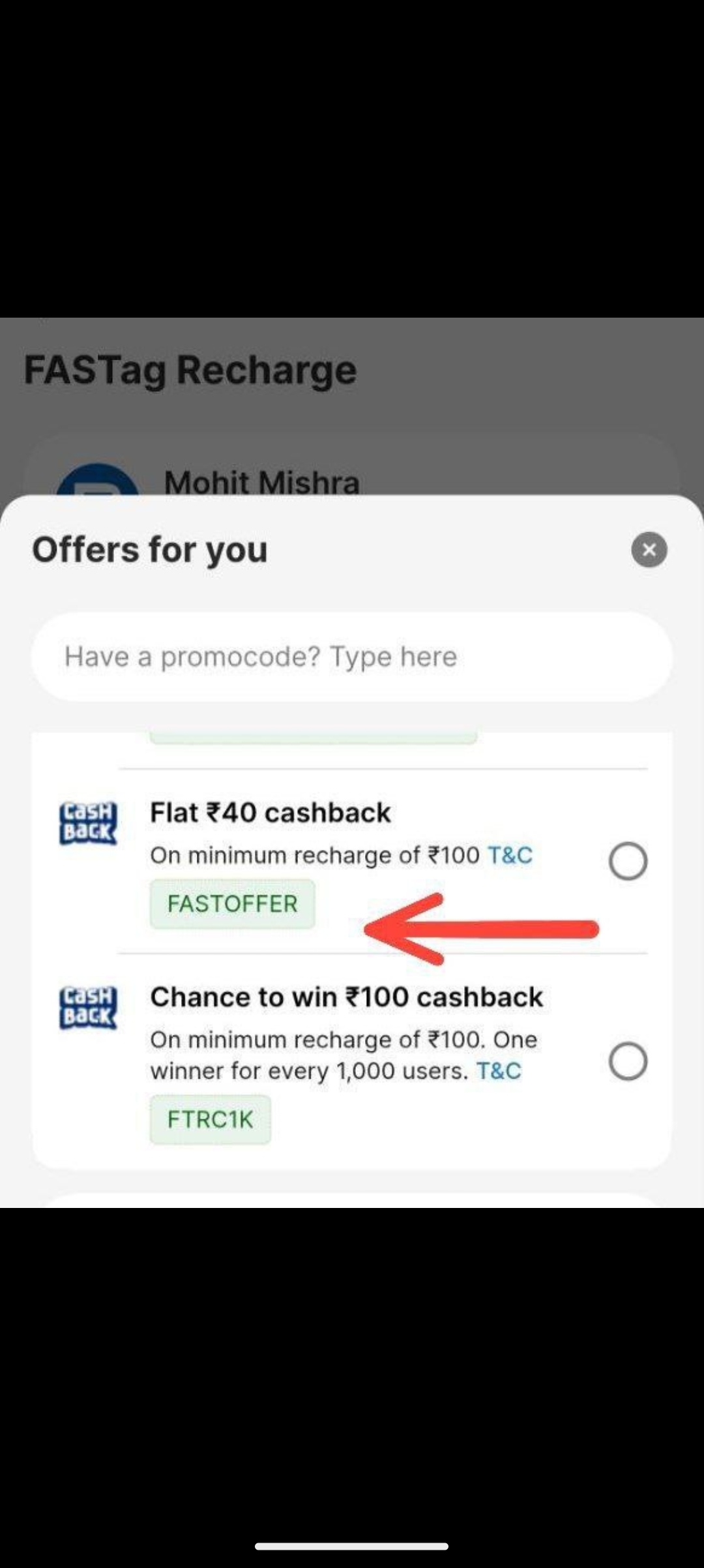 Paytm fastag recharge of 100 get flat 40 cashback - User specific use ...