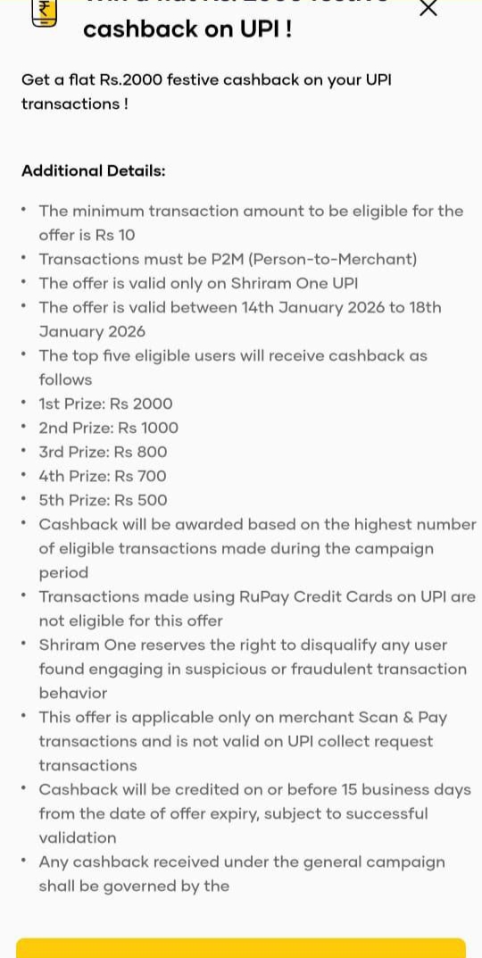 Shiram Scan & Pay UPI & Get cashback upto2000 by doing txn min 10 daily ...