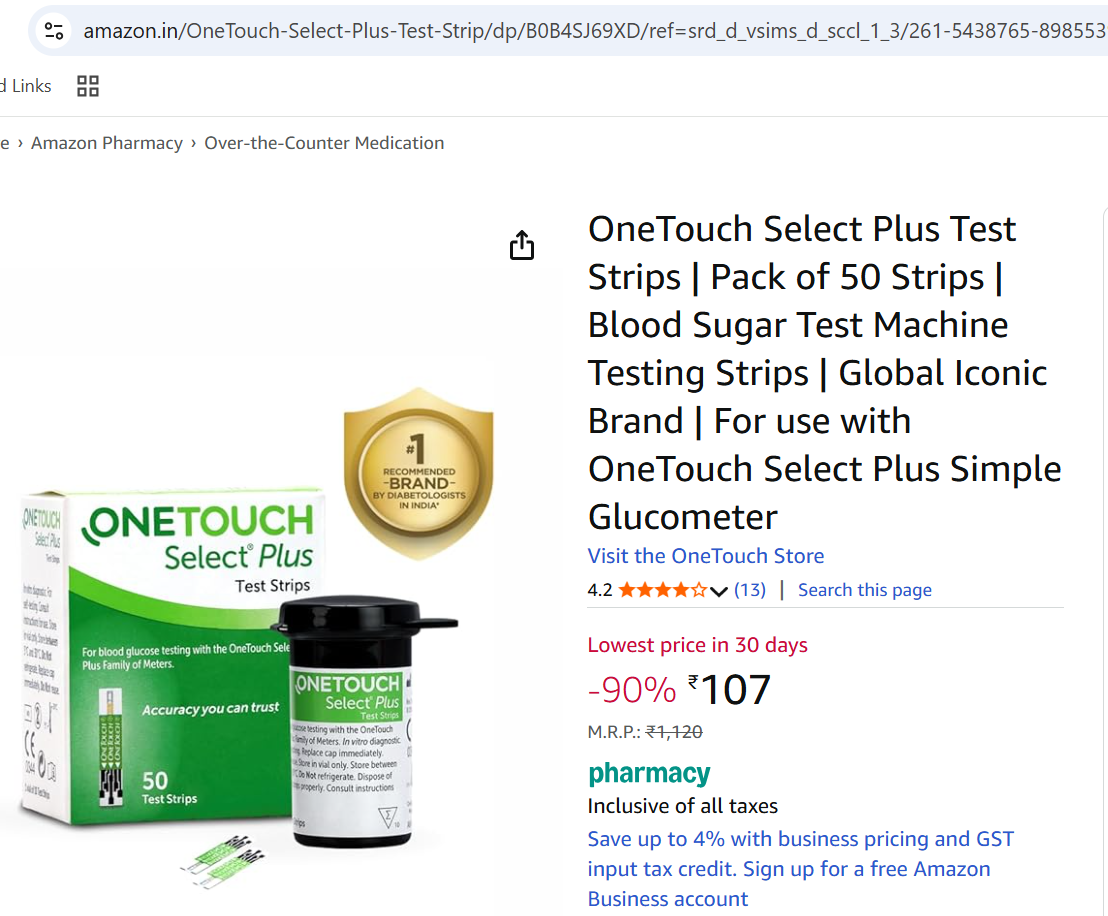 OneTouch Select Plus Test Strips | Pack of 50 Strips for 107rs | DesiDime