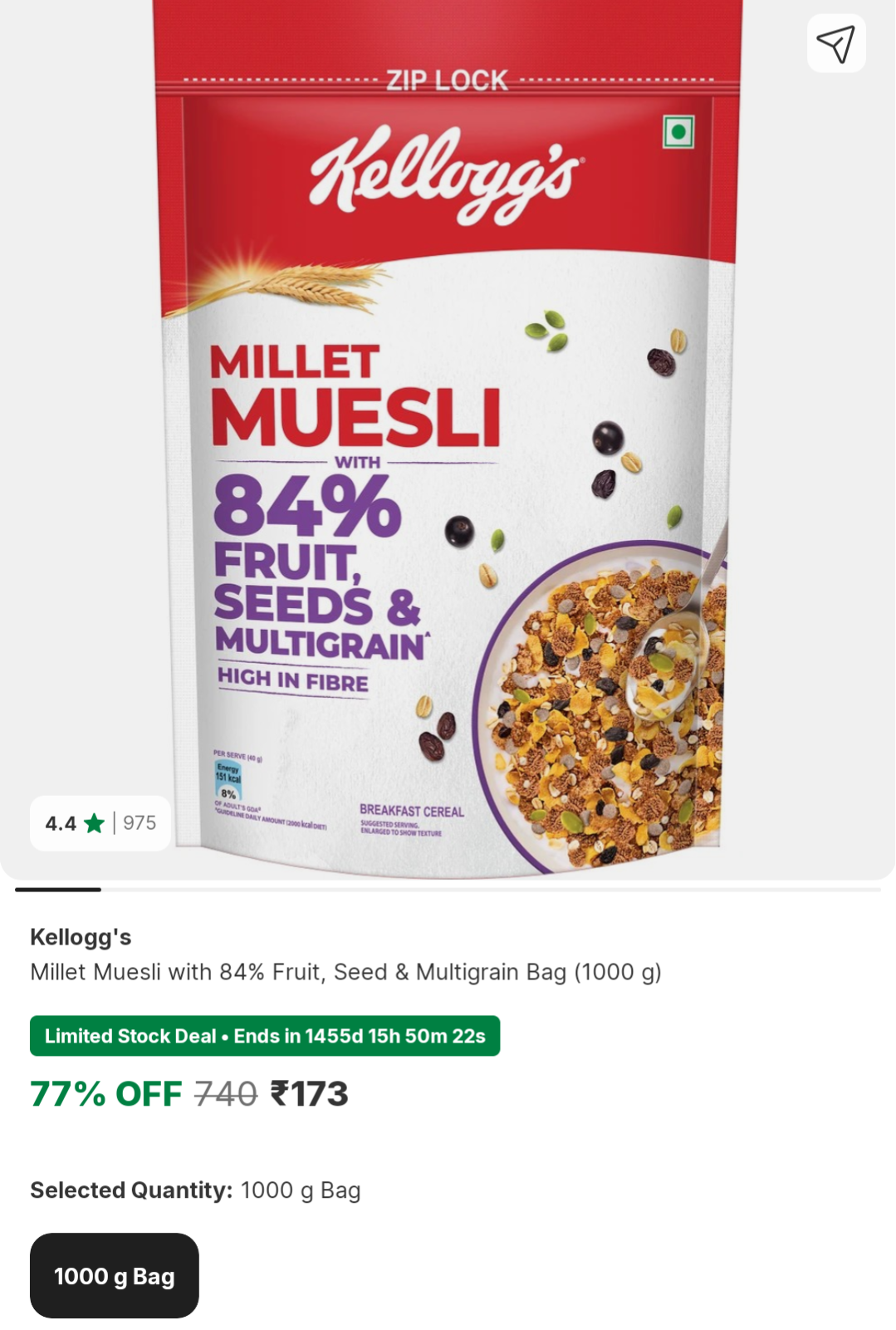 Kellogg's Millet Muesli with 84% Fruit, Seed & Multigrain Bag 1kg on ...