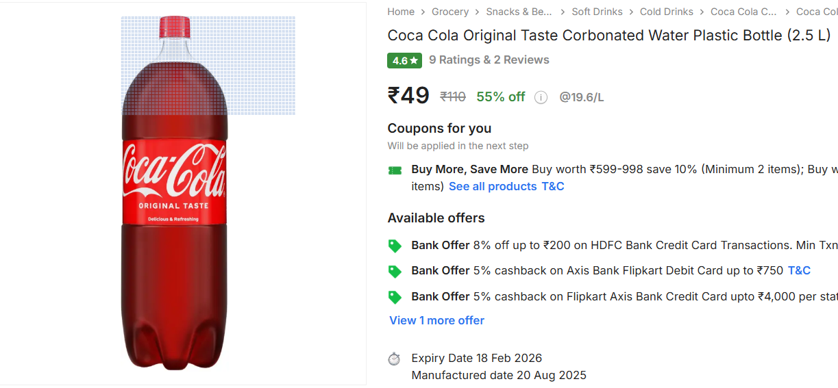 Coca Cola Original Taste Corbonated Water Plastic Bottle (2.5 L) | DesiDime