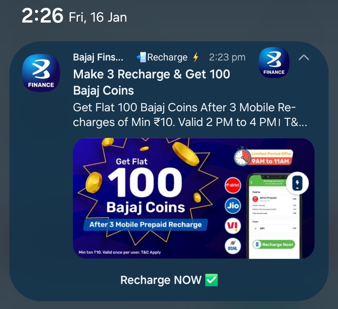 Bajaj Finserv - Get 100 coins on 3 mobile recharge of Rs 10 ( 2pm - 4pm ...