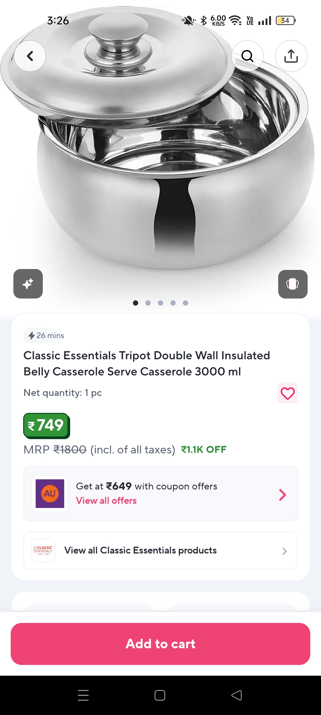 Classic Essentials Tripot Double Wall Insulated Belly Casserole Serve ...