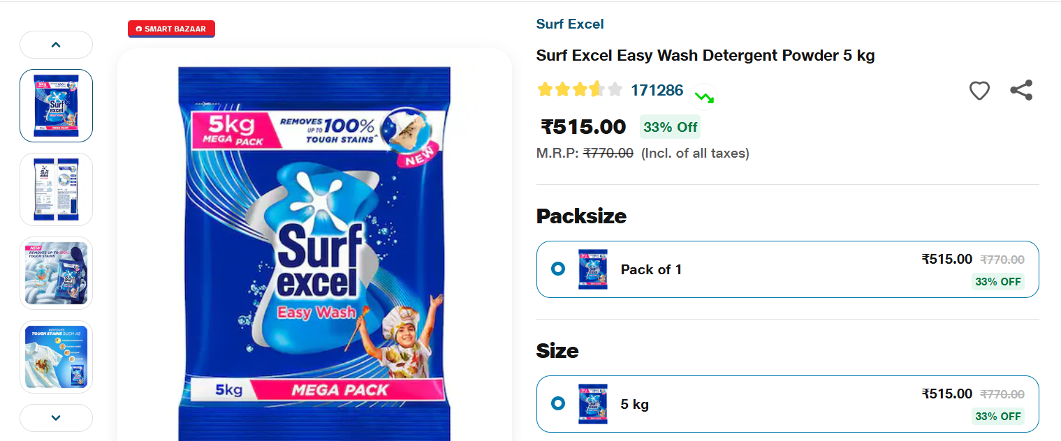 Surf Excel Easy Wash Detergent Powder 10 kg @ 880 | DesiDime