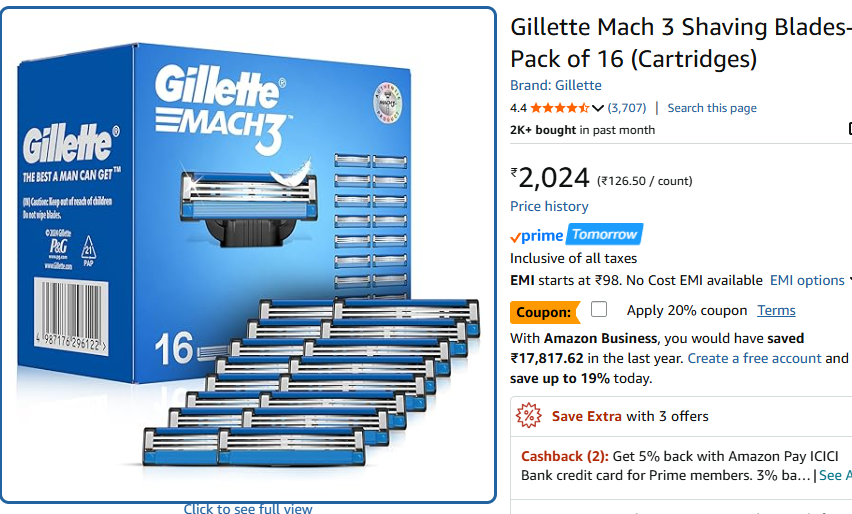 Gillette Mach 3 Shaving Blades- Pack of 16 (Cartridges) | DesiDime