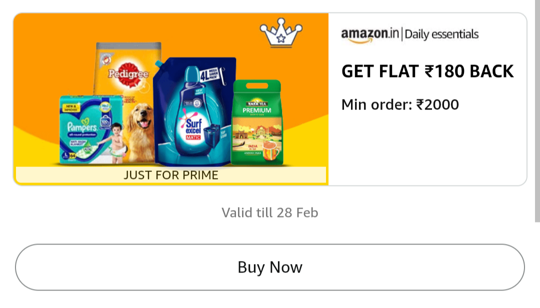 Get ₹180 Cashback on min order ₹2000: Amazon daily essentials (Prime, User Specific) | DesiDime