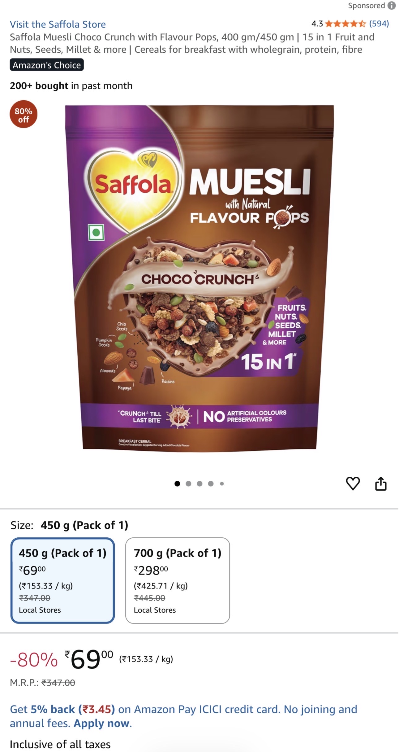 Saffola Muesli Choco Crunch with Flavour Pops, 400 gm/450 gm | 15 in 1 ...