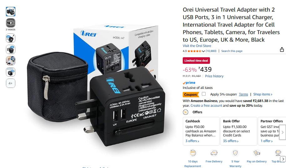 Orei Universal Travel Adapter with 2 USB Ports, 3 in 1 Universal ...