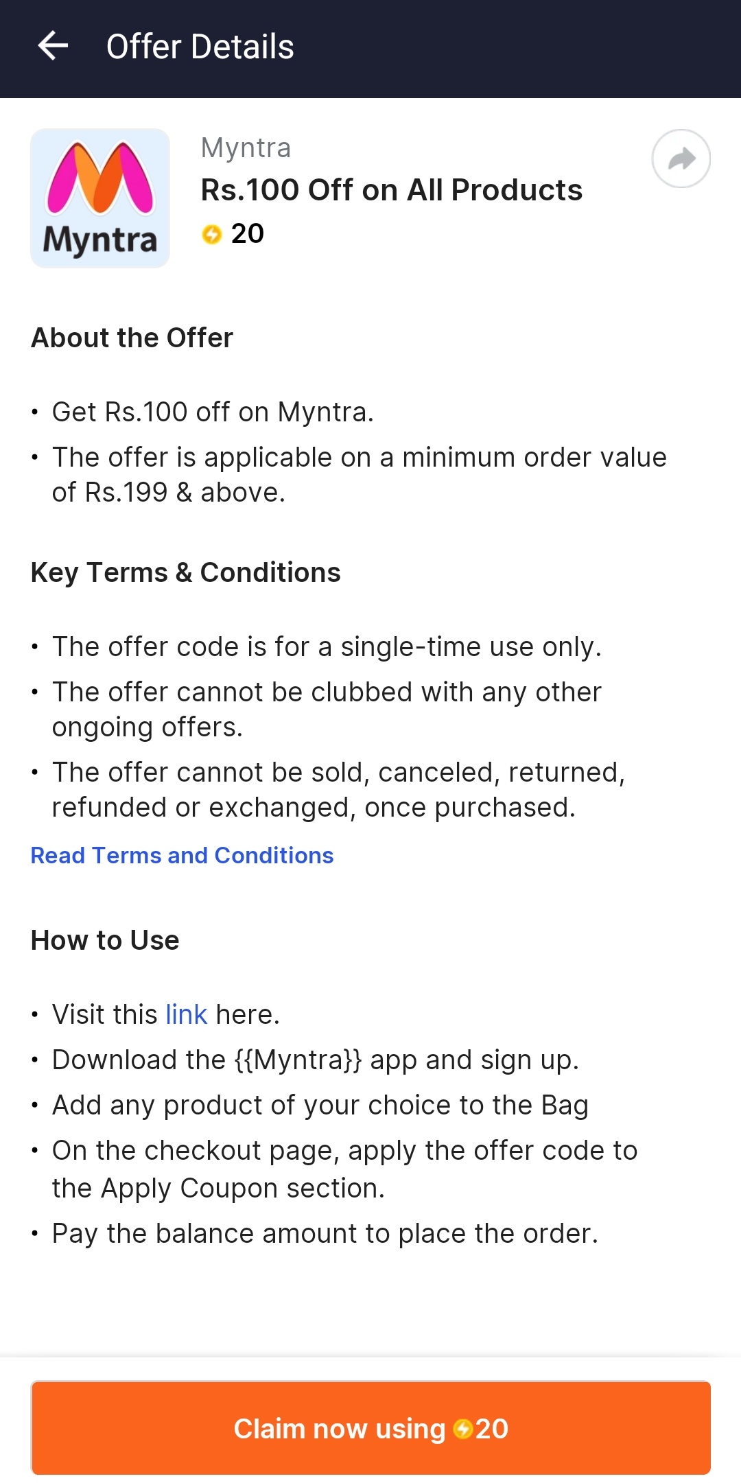 Get Rs. 100 Discount On Min Order Value Rs. 199 From Myntra Using 20 ...