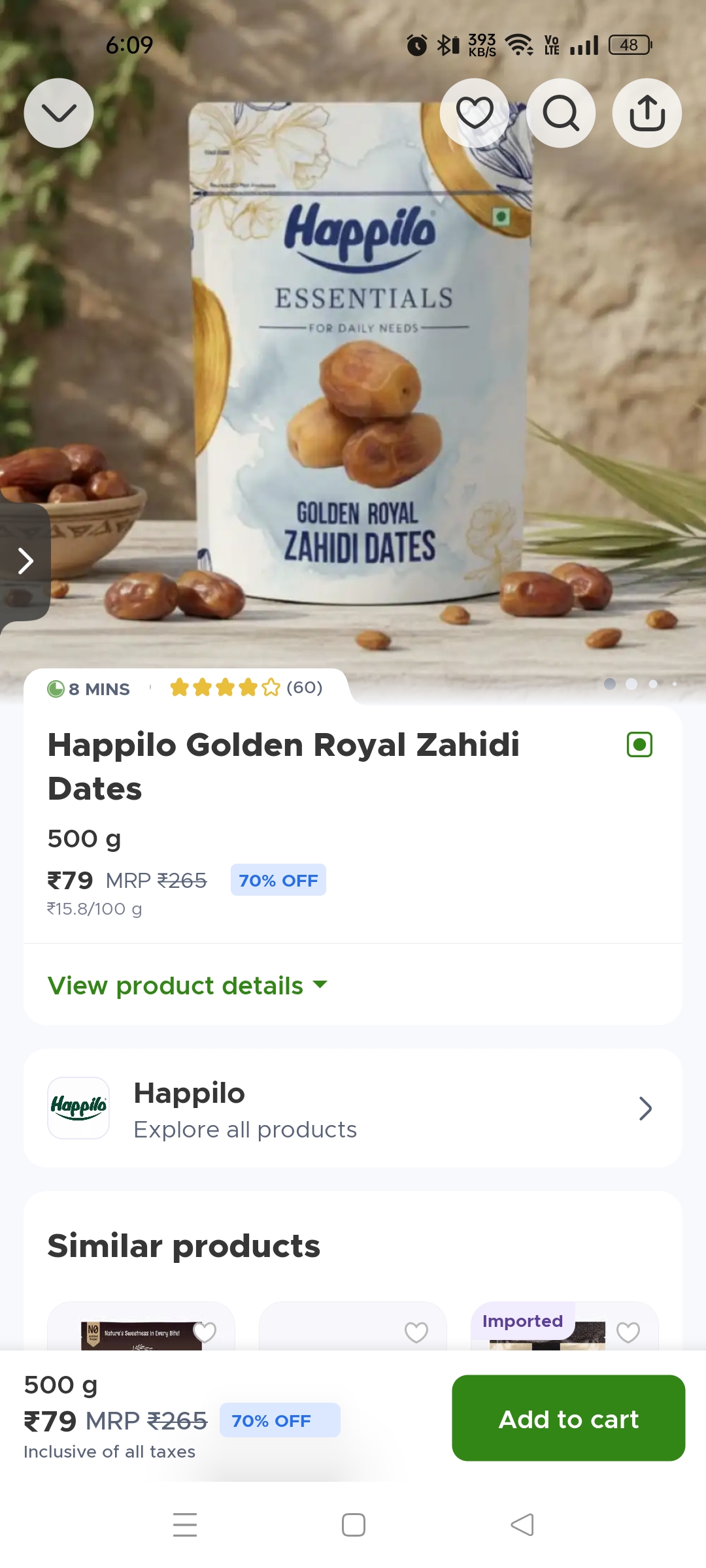 Blinkit: Happilo Golden Royal Zahidi Dates (500g) | Desidime