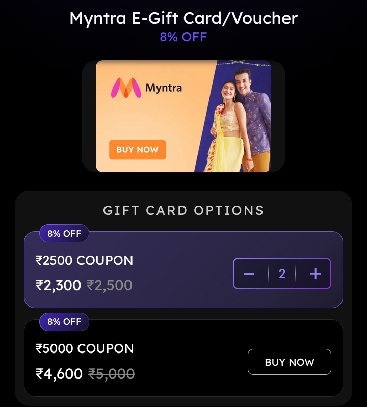 Myntra Gift Card Offer – Flat 8% Off (₹2500 @ ₹2300 | ₹5000 @ ₹4600 ...