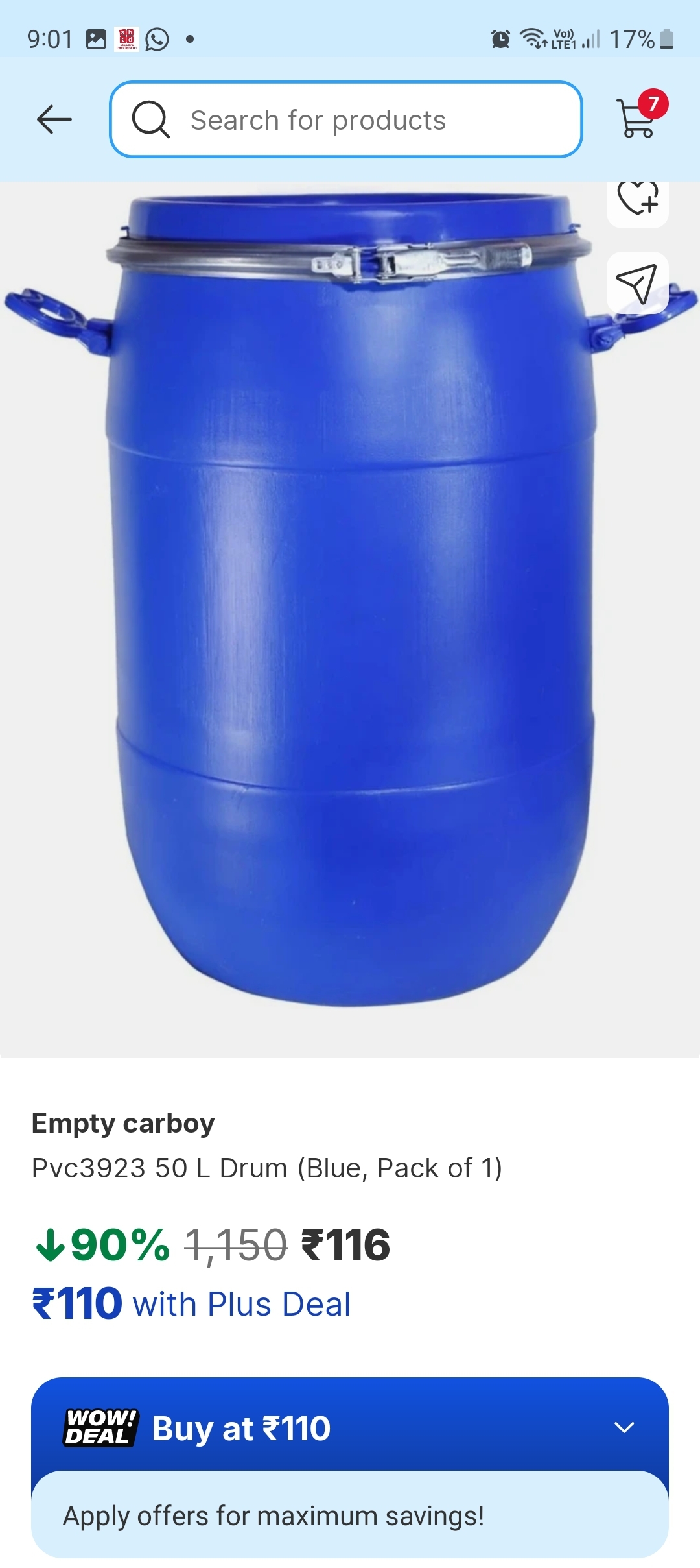 Flipkart: Empty Carboy PVC3923 50 litre Drum Blue (Pack of 1) | Desidime