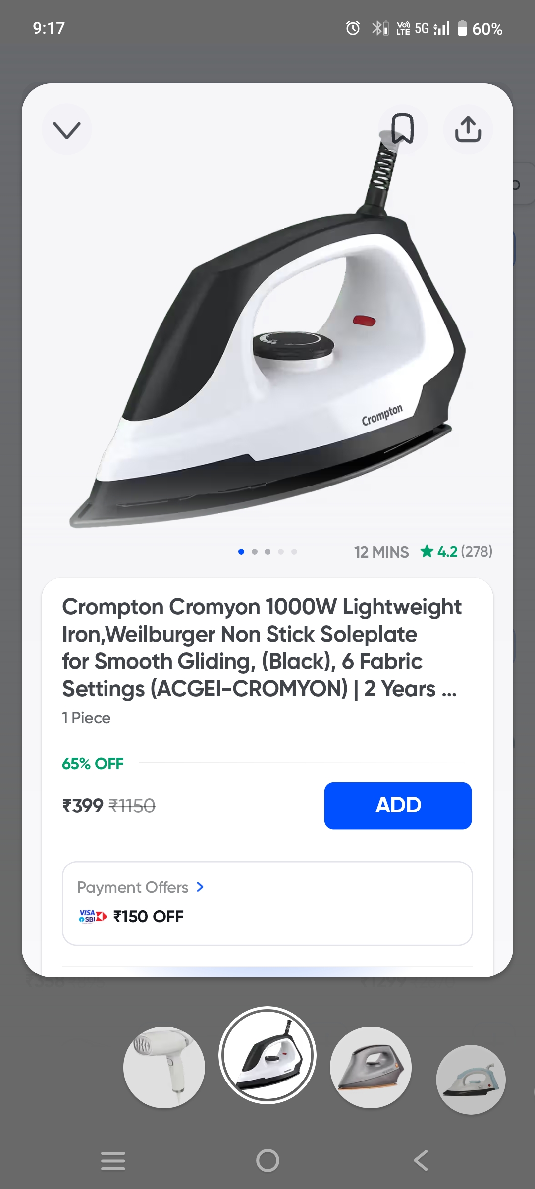 Crompton Cromyon 1000W Lightweight Iron, 6 Fabric Settings (ACGEI ...