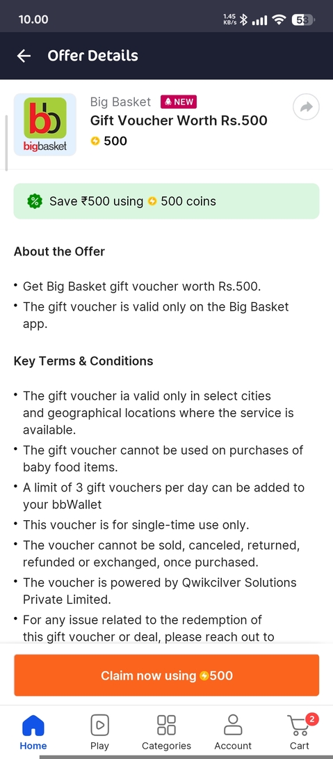 Big Basket Gift Voucher Worth Rs.500 using Flipkart supercoin | Desidime