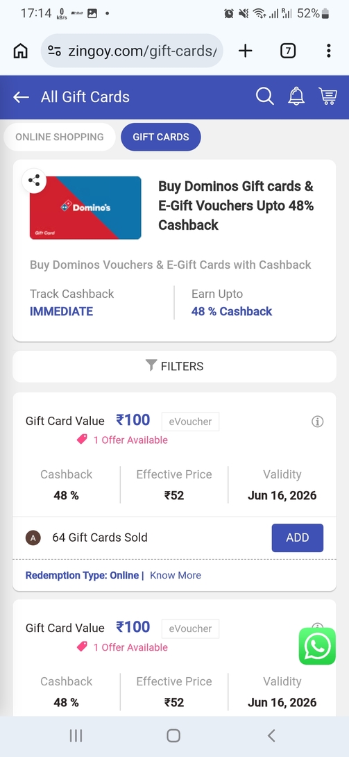 Buy Dominos Gift cards & E-Gift Vouchers at 56% Cashback | Desidime