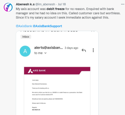 [Urgent] Axis bank account put in debit freeze | DesiDime
