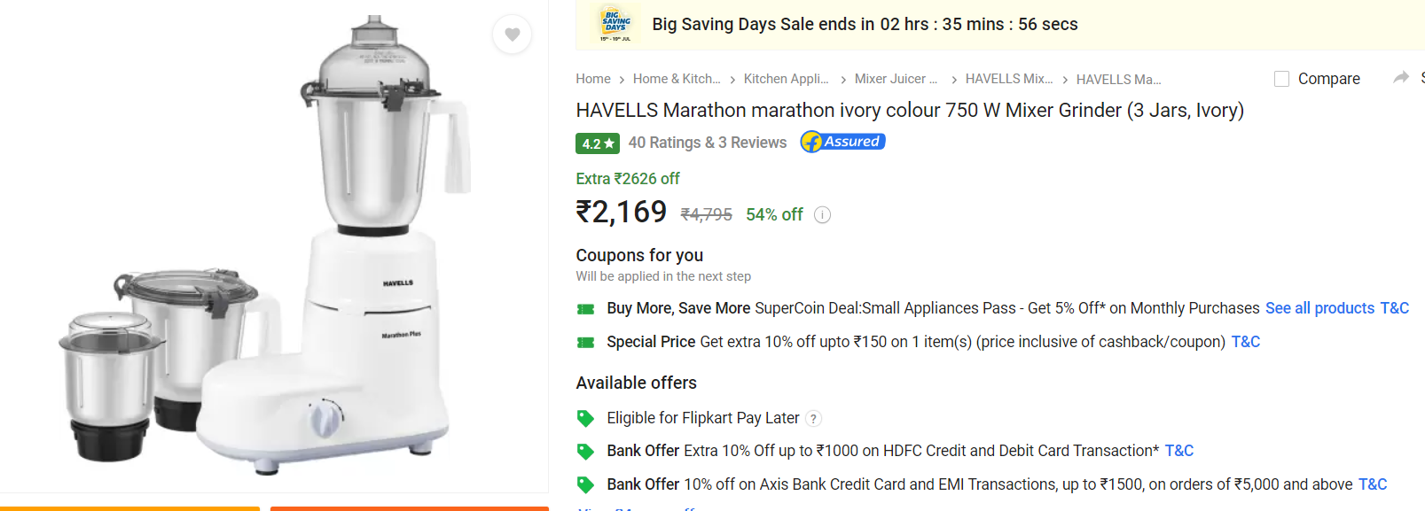 HAVELLS Marathon marathon ivory colour 750 W Mixer Grinder (3 Jars ...