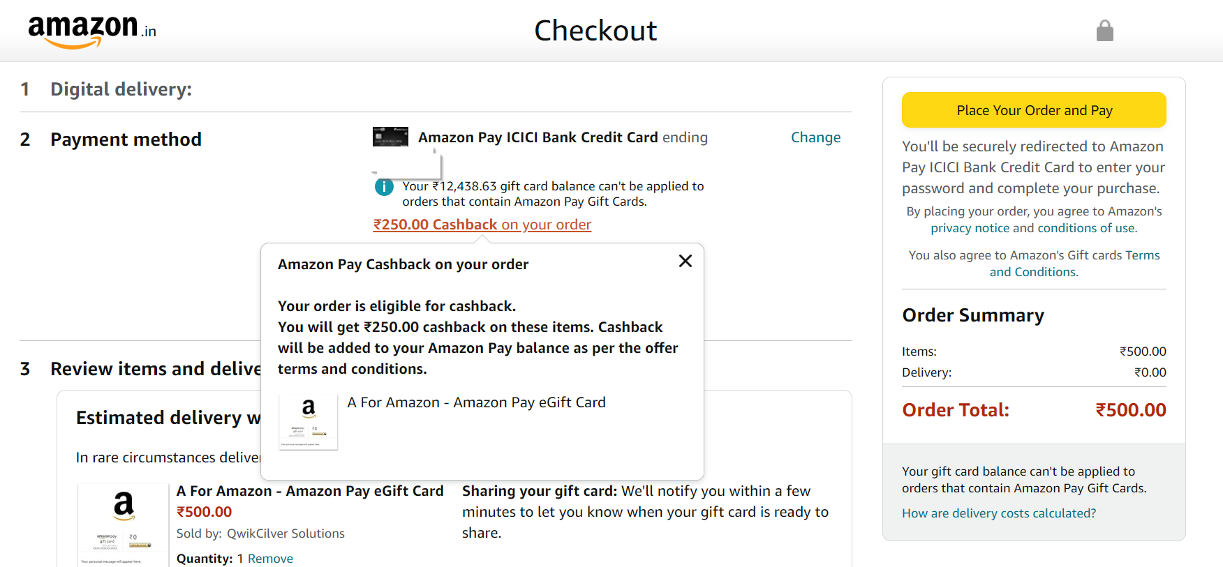 Get 50% Up to ₹250 BACK using Amazon Pay ICICI Card. Working on GV ...