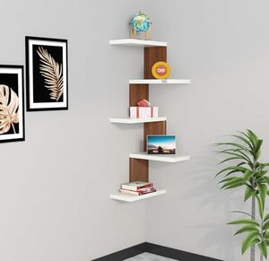 Furniture Café Modern Wooden Corner Wall Shelf with 5 Tiers – Space ...